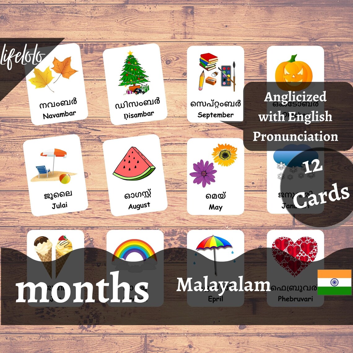 Months of the Year MALAYALAM Flash Cards 12 Bilingual Cards - Etsy