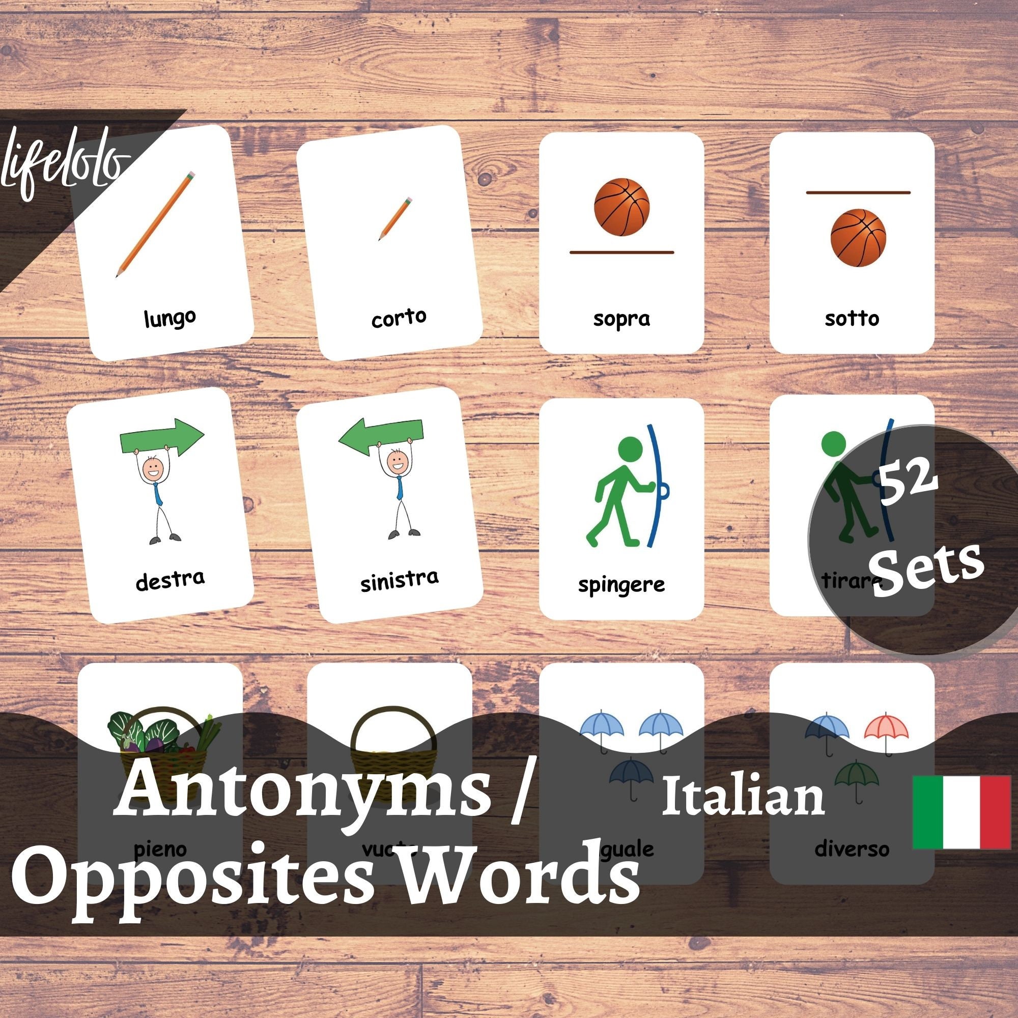 Antonyms ITALIAN Flashcards English Bilingual Cards 104 - Etsy