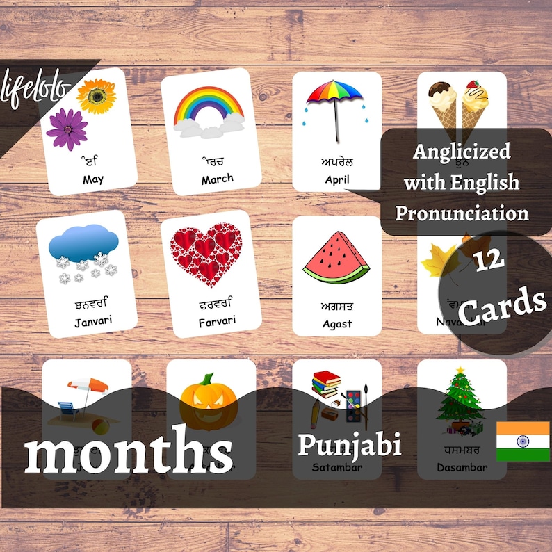 Months of the Year PUNJABI Flash Cards 12 Bilingual Cards - Etsy Canada