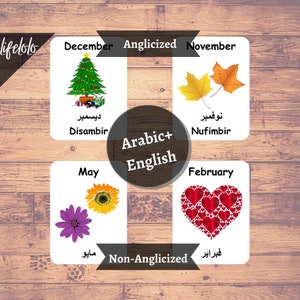 Months of the Year ARABIC Flash Cards, 12 Bilingual Cards, Montessori ...