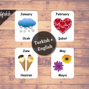 Months of the Year TURKISH Flash Cards, 12 Bilingual Cards, Montessori ...