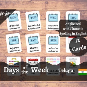 Days of the Week | TELUGU | English Bilingual Cards | 12 Telugu Flash ...