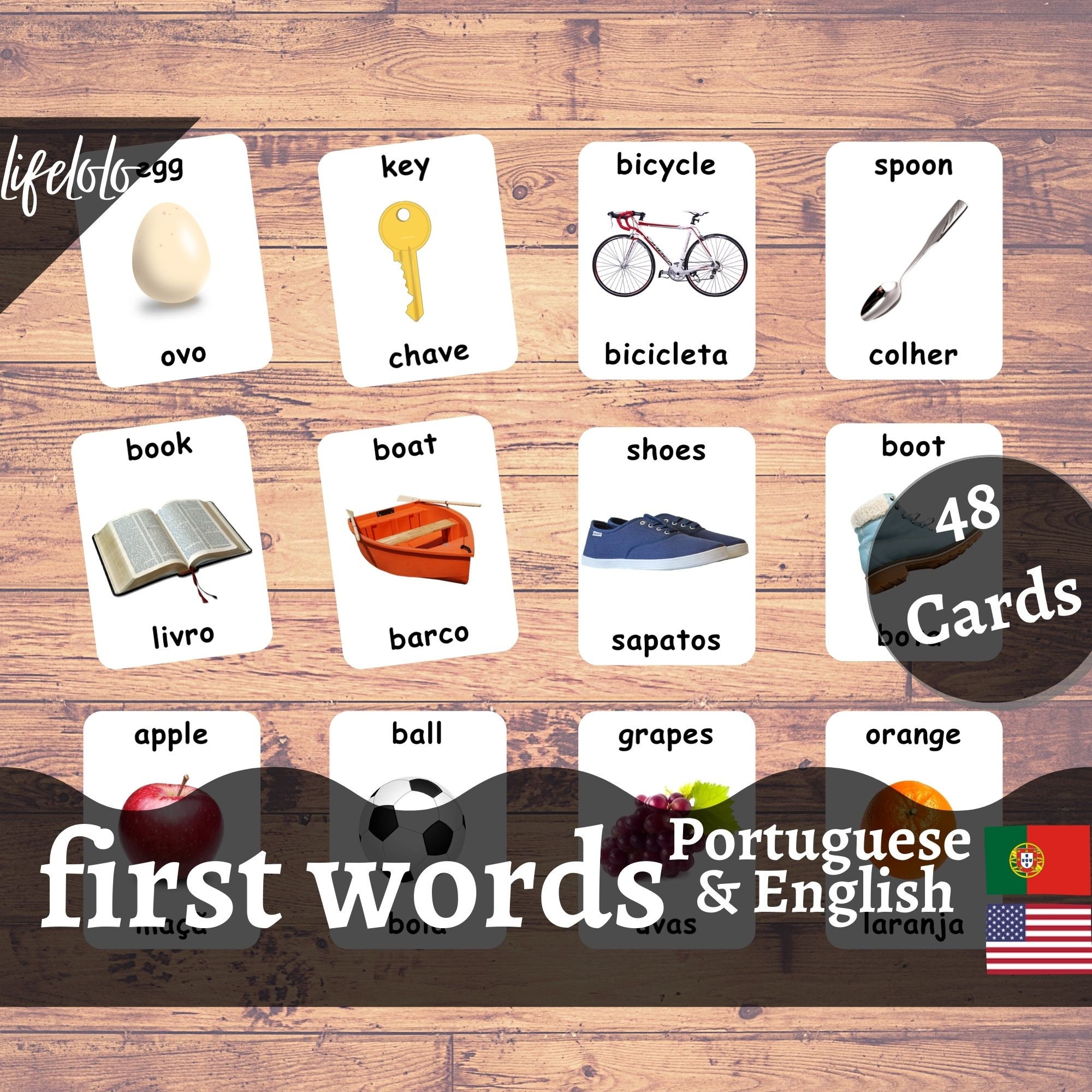 First Words PORTUGUESE Version English Bilingual Cards 48 | Etsy