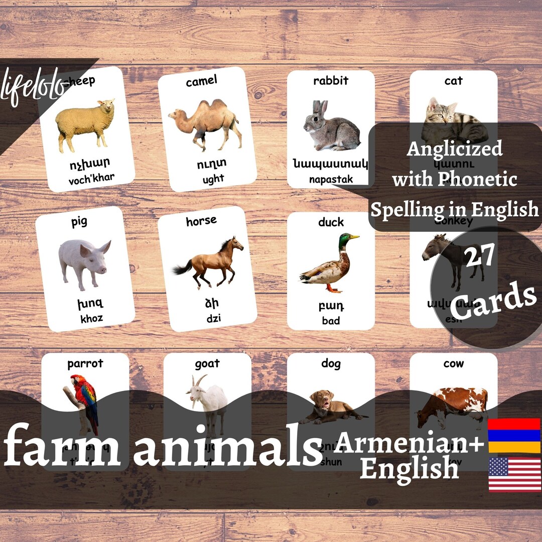 Farm Animals | ARMENIAN | English Bilingual Cards | 27 Armenian Flash ...