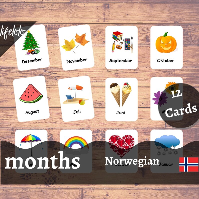 Months of the Year NORWEGIAN Flash Cards 12 Bilingual Cards - Etsy