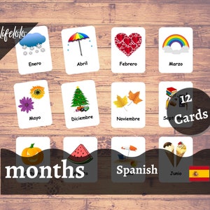 Months of the Year SPANISH Flash Cards, 12 Bilingual Cards, Montessori ...