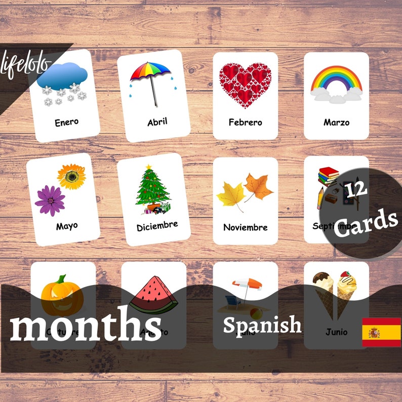 Months of the Year SPANISH Flash Cards 12 Bilingual Cards | Etsy