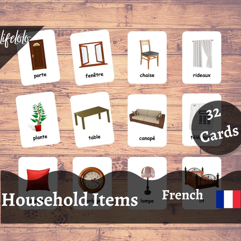 Household Items FRENCH Flash Cards English Bilingual Cards | Etsy