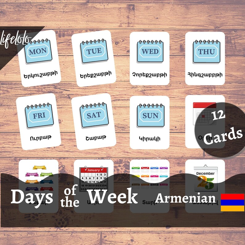 Days of the Week | ARMENIAN | English Bilingual Cards | 12 Armenian ...