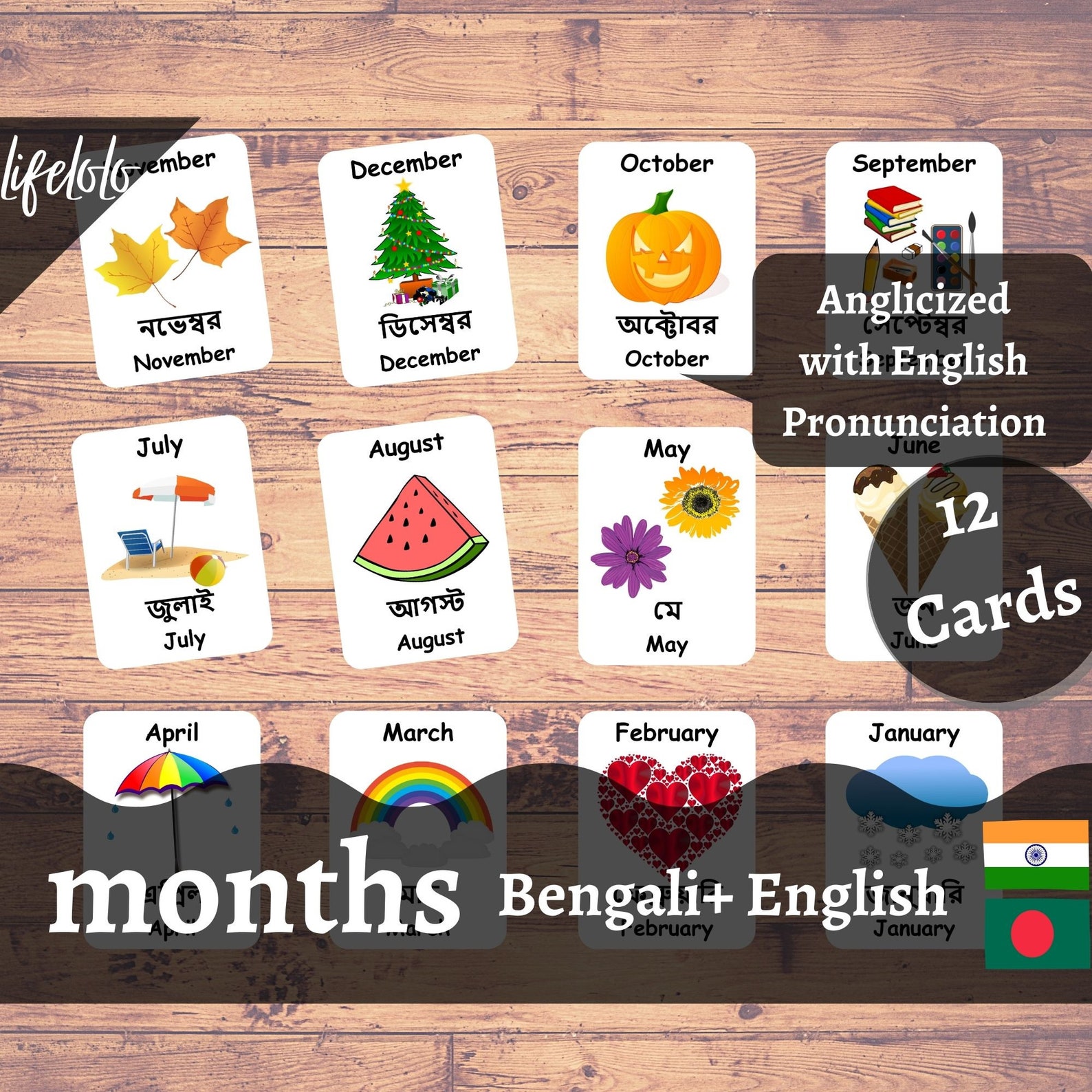 Months of the Year, Bengali Flash Cards, 12 Bilingual Cards, Montessori ...