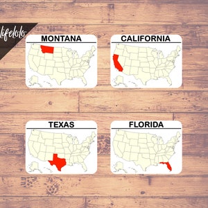 United States Map, Flash Cards, 50 States Montessori Cards, 3 Part Card ...