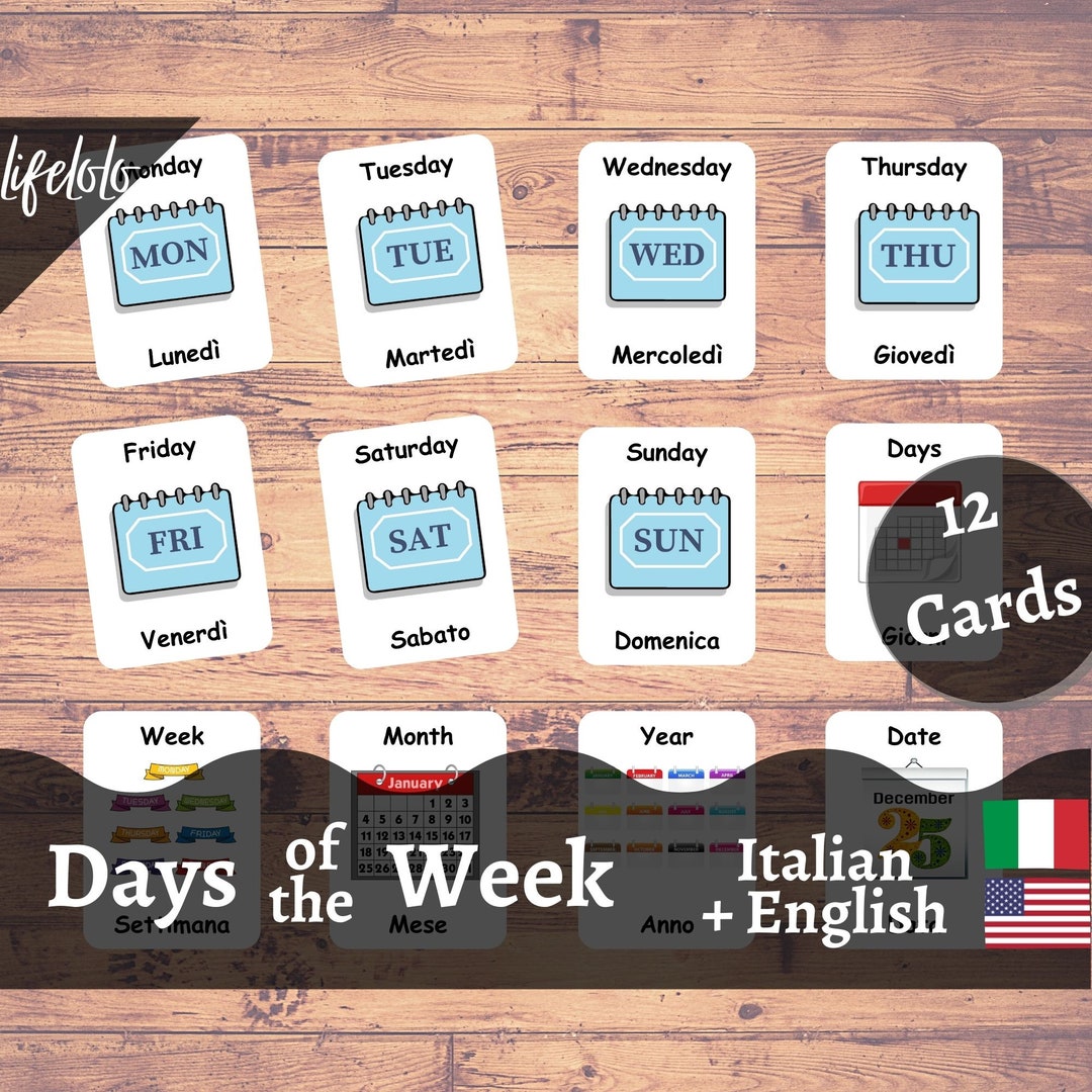 Days of the Week | ITALIAN | English Bilingual Cards | 12 Italian Flash ...