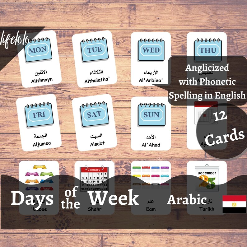 Days of the Week ARABIC English Bilingual Cards 12 - Etsy Canada