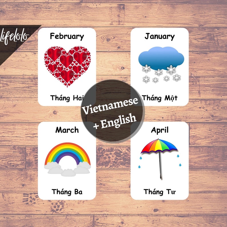 Months of the Year VIETNAMESE Flash Cards 12 Bilingual Cards - Etsy