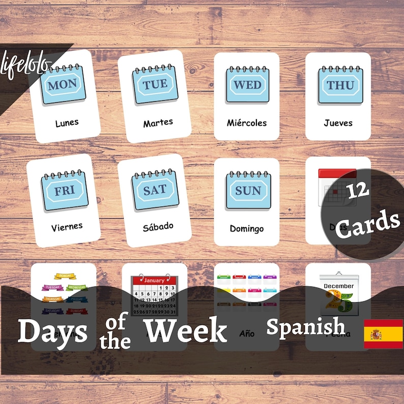 Days of the Week | SPANISH | English Bilingual Cards | 12 Spanish Flash ...