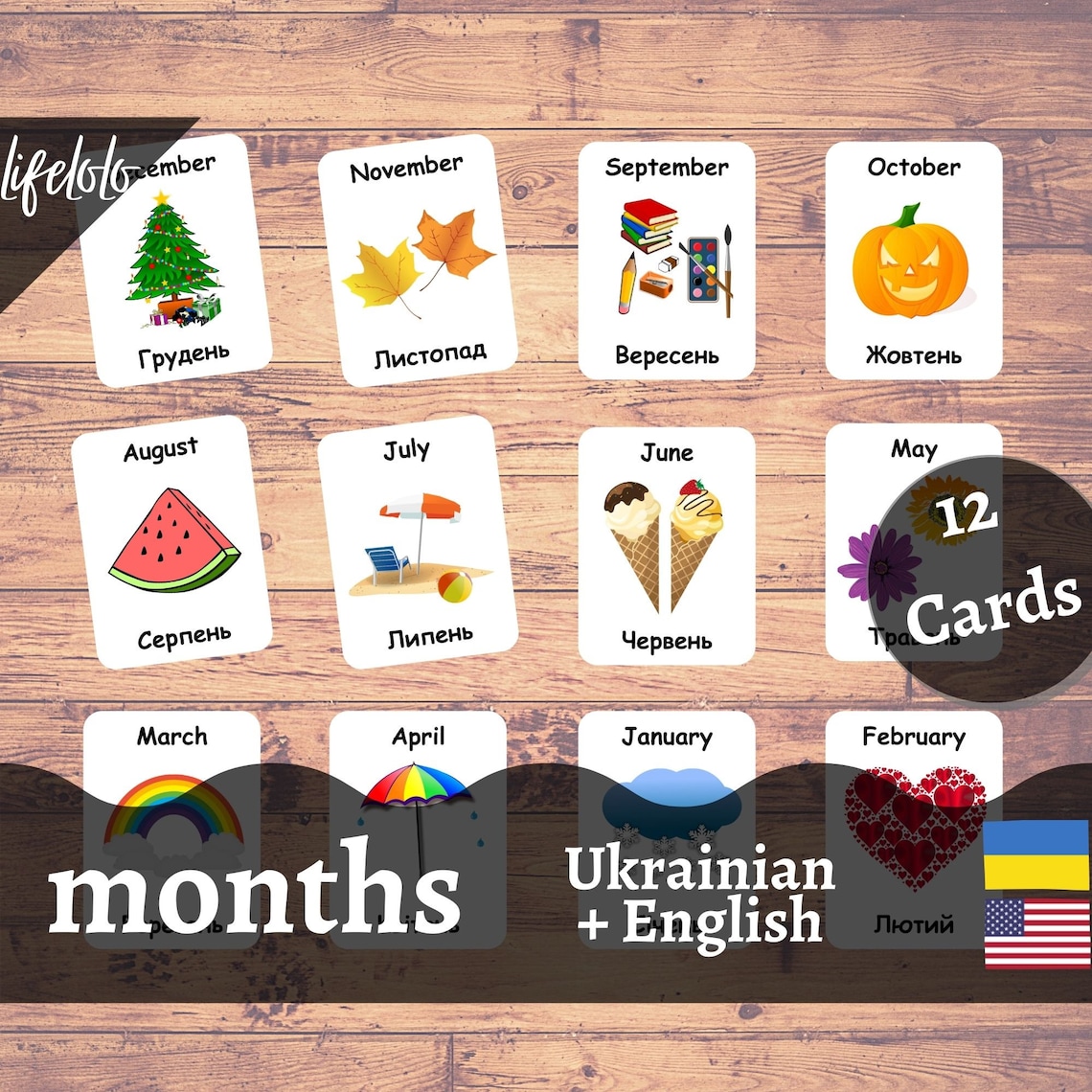 Months of the Year UKRAINIAN Flash cards 12 Bilingual Cards | Etsy