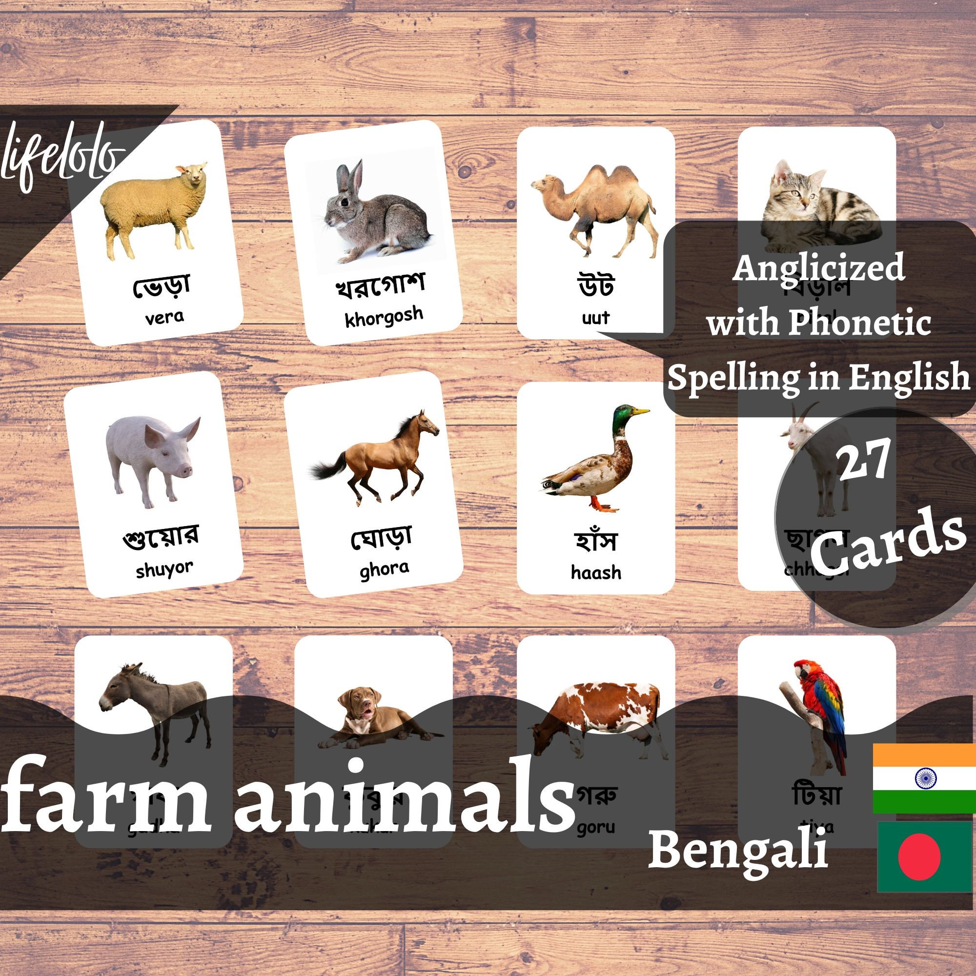 Farm Animals | BENGALI | English Bilingual Cards | 27 Bengali Flash ...