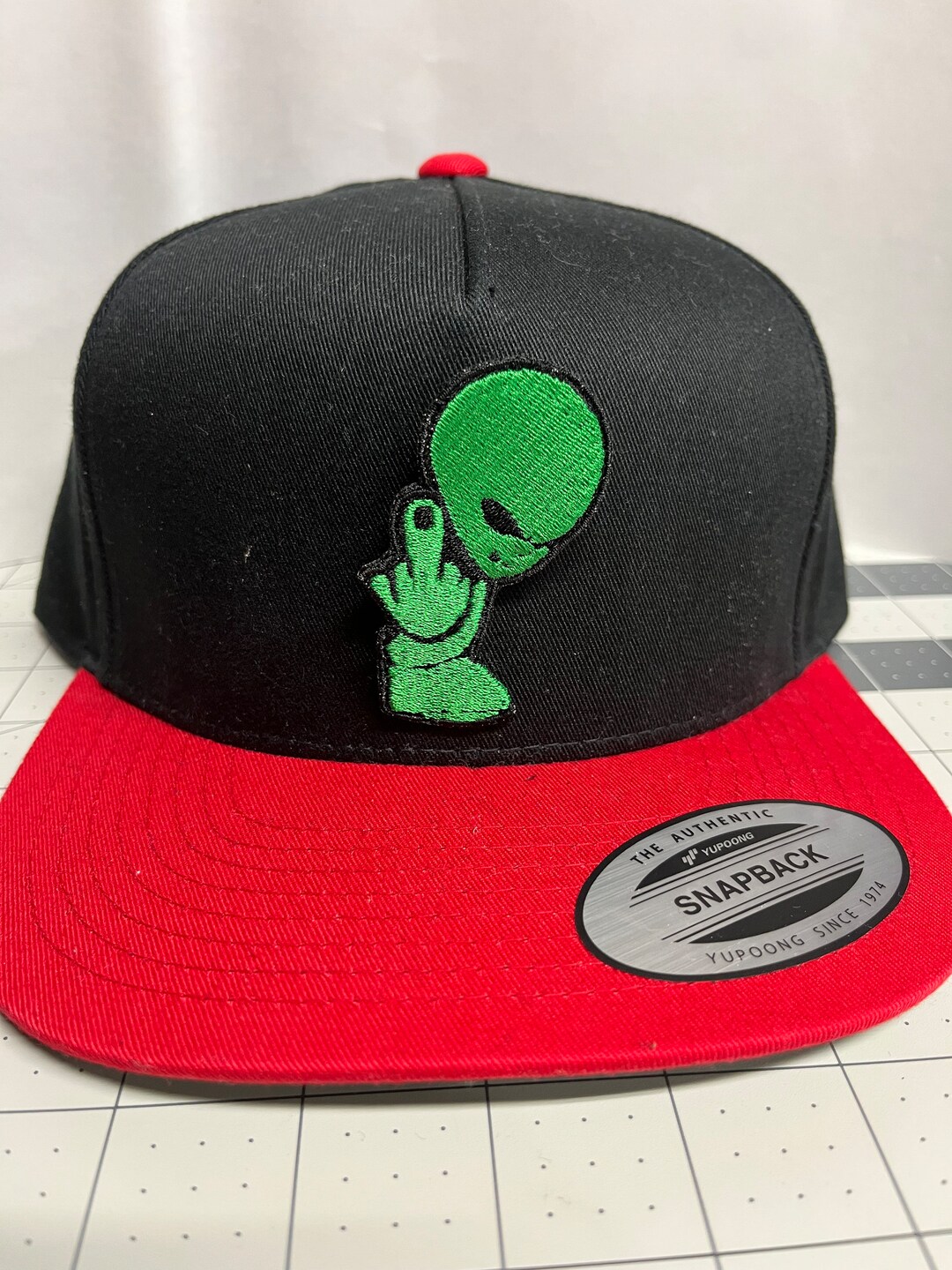 Embroidery Green Alien Giving the Middle Finger, Yupoong Classics Flat ...