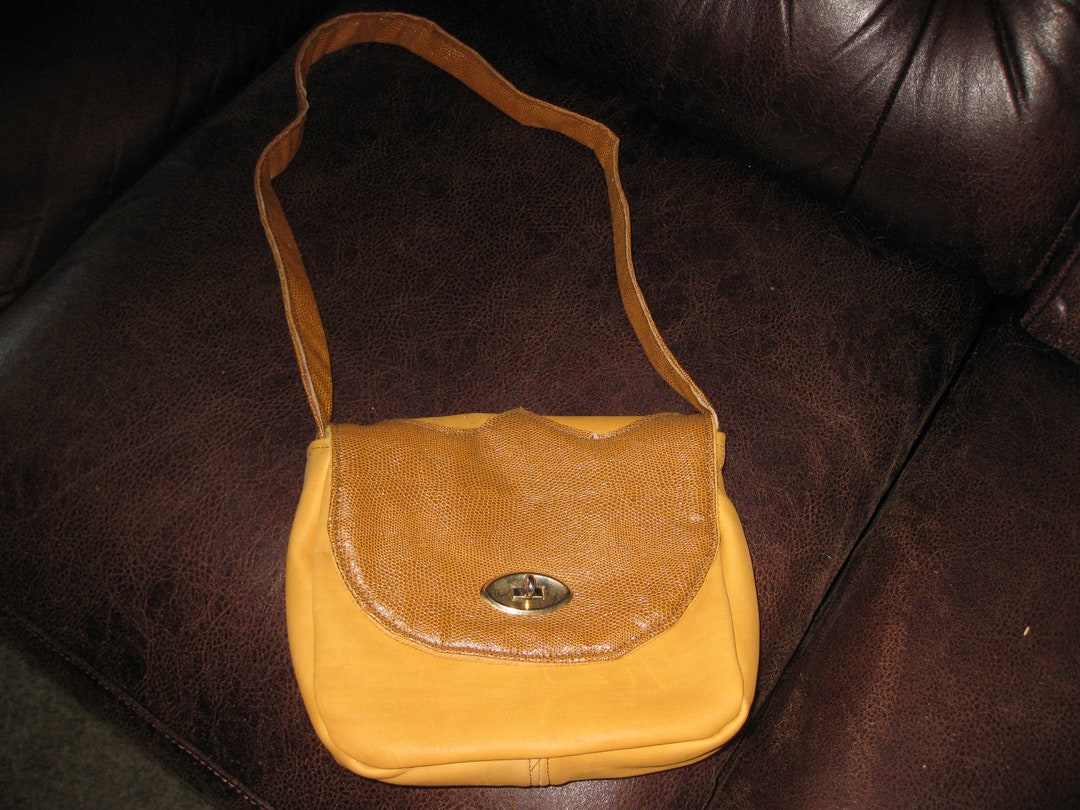 HANDMADE YELLOW TAN Leather Shoulder Bag Faux Lizard Trimmed Folding ...