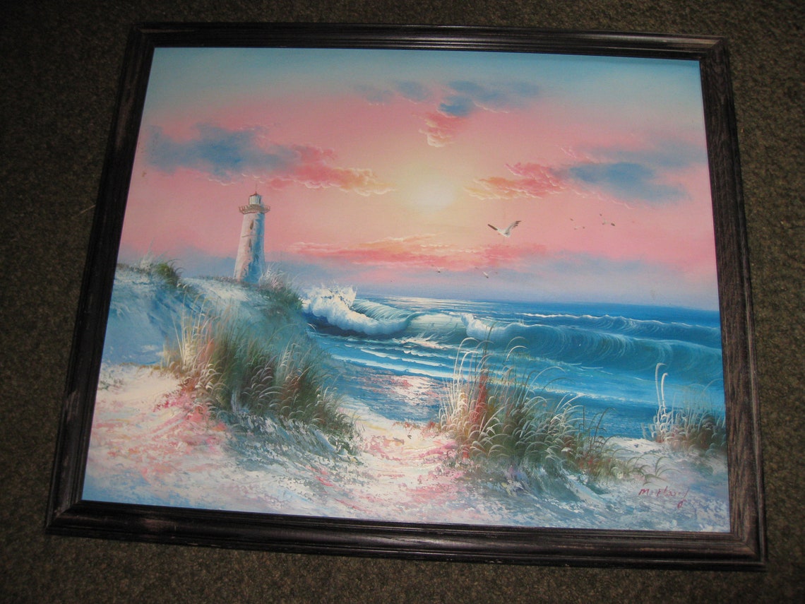VINTAGE SEASCAPE Signed M HARRY Painting on Canvas Vintage Wood Frame ...