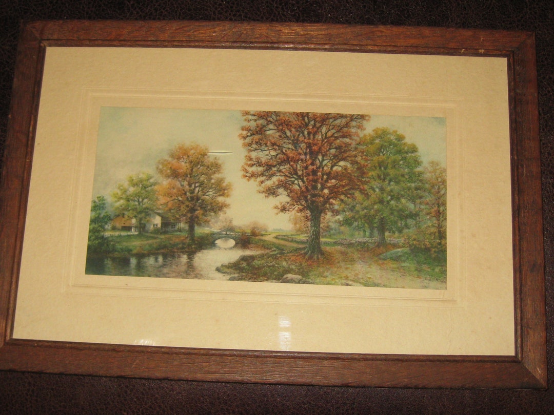 ANTIQUE ENGRAVING COUNTRY Cottage Landscape on Embossed Beige Mat in ...