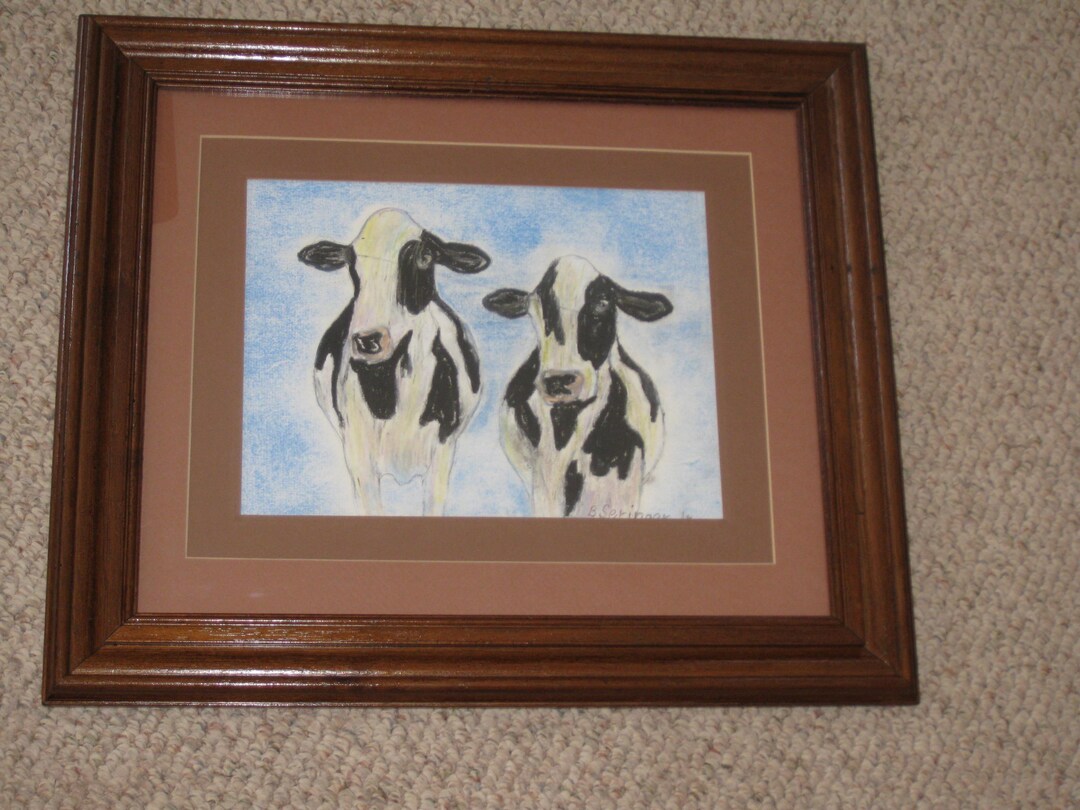 PASTEL DRAWING COWS on Paper Wood Frame 20" X 17 1/4" Double Matted in ...