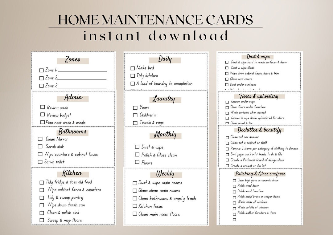 Instant Download- Home Maintenance Cards, Home Care Checklist, Cleaning ...