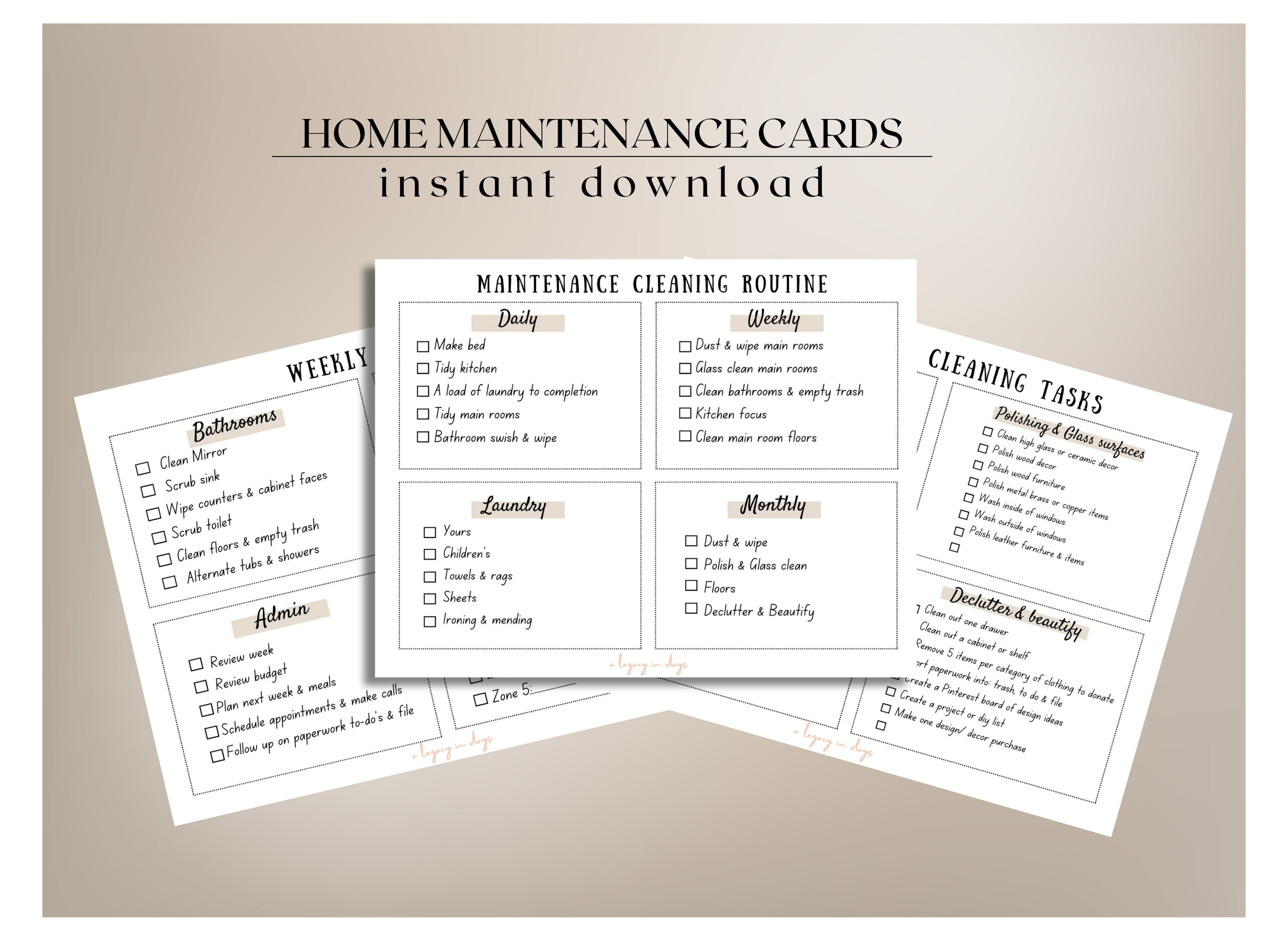 Instant Download- Home Maintenance Cards, Home Care Checklist, Cleaning ...