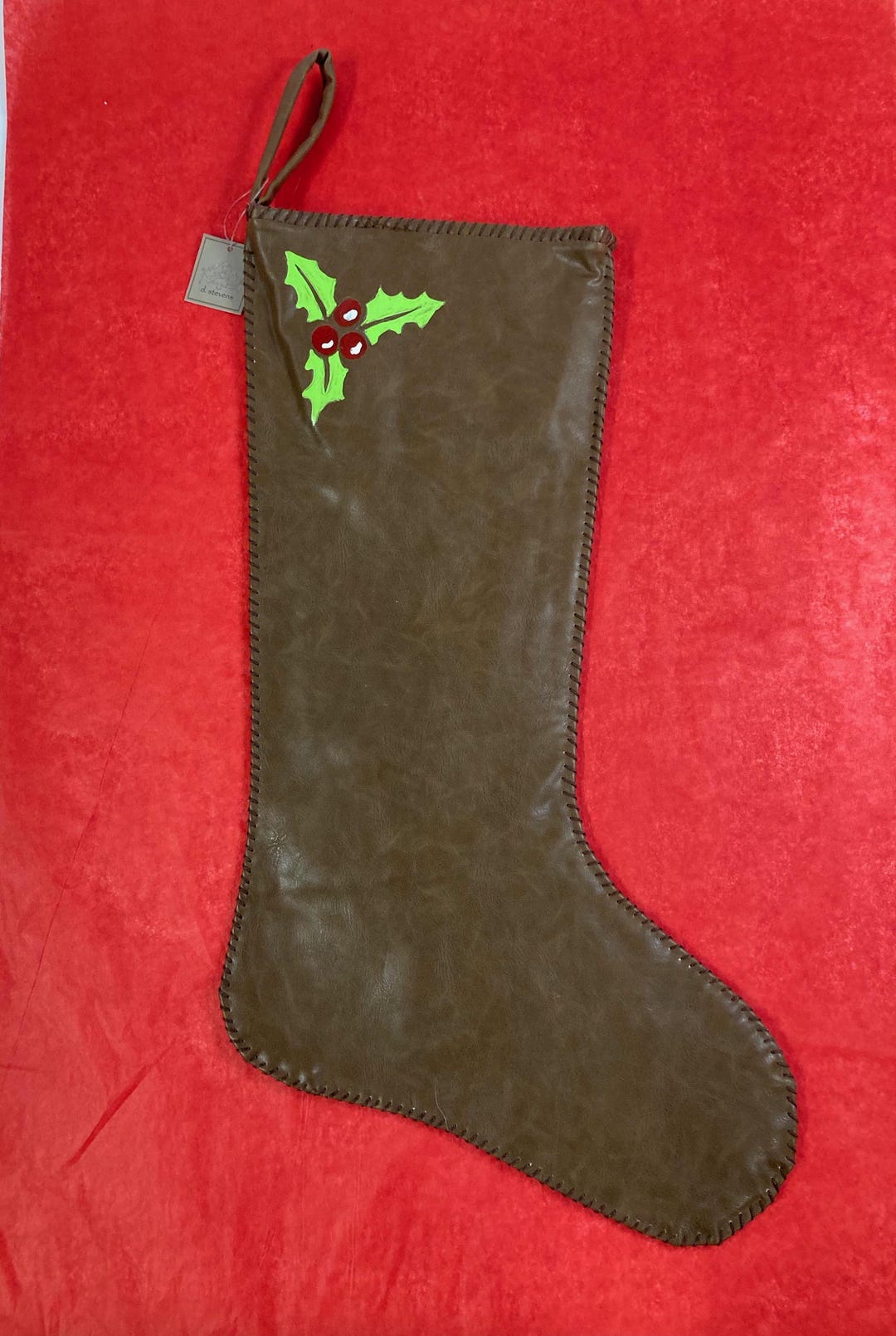 D. Stevens Faux Leather Christmas Stocking With Hand Painted Holly ...