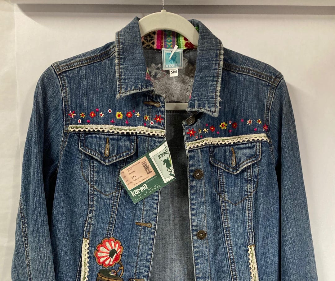 Karma Living Upcycled Denim Jacket With Embroidered Embellishments ...
