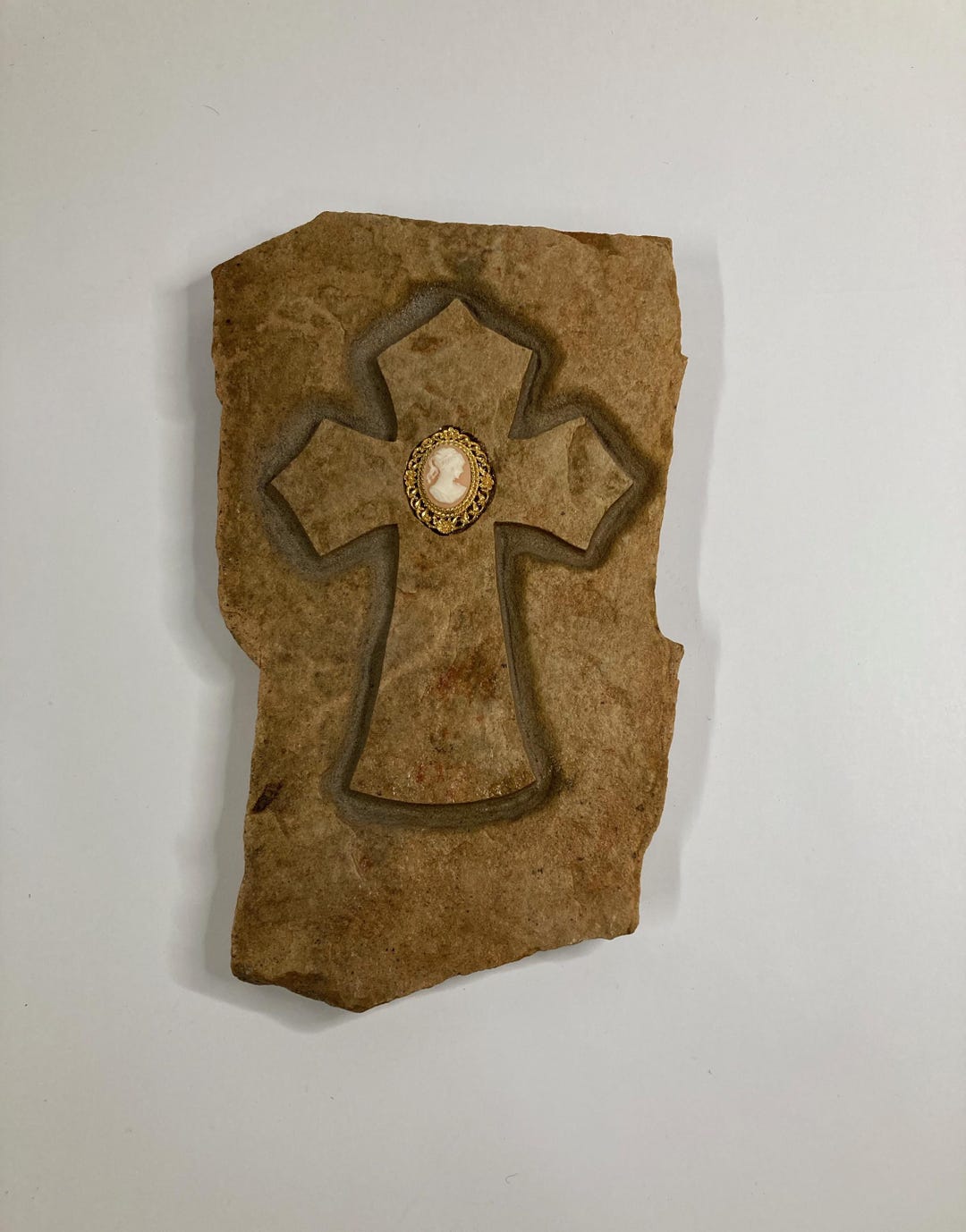 Handcrafted Decorative Stone Slab - Etched Out Cross With Cameo Wall ...