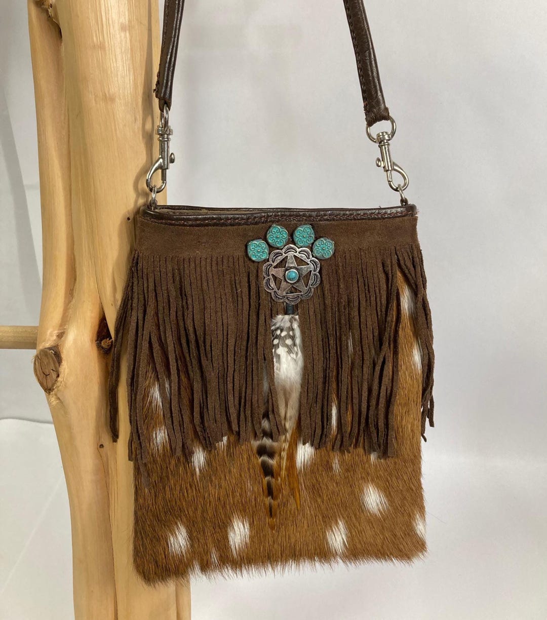 Axis Hide Mini Crossbody Bag: Leather Fringe, Feather Medallion - Made ...