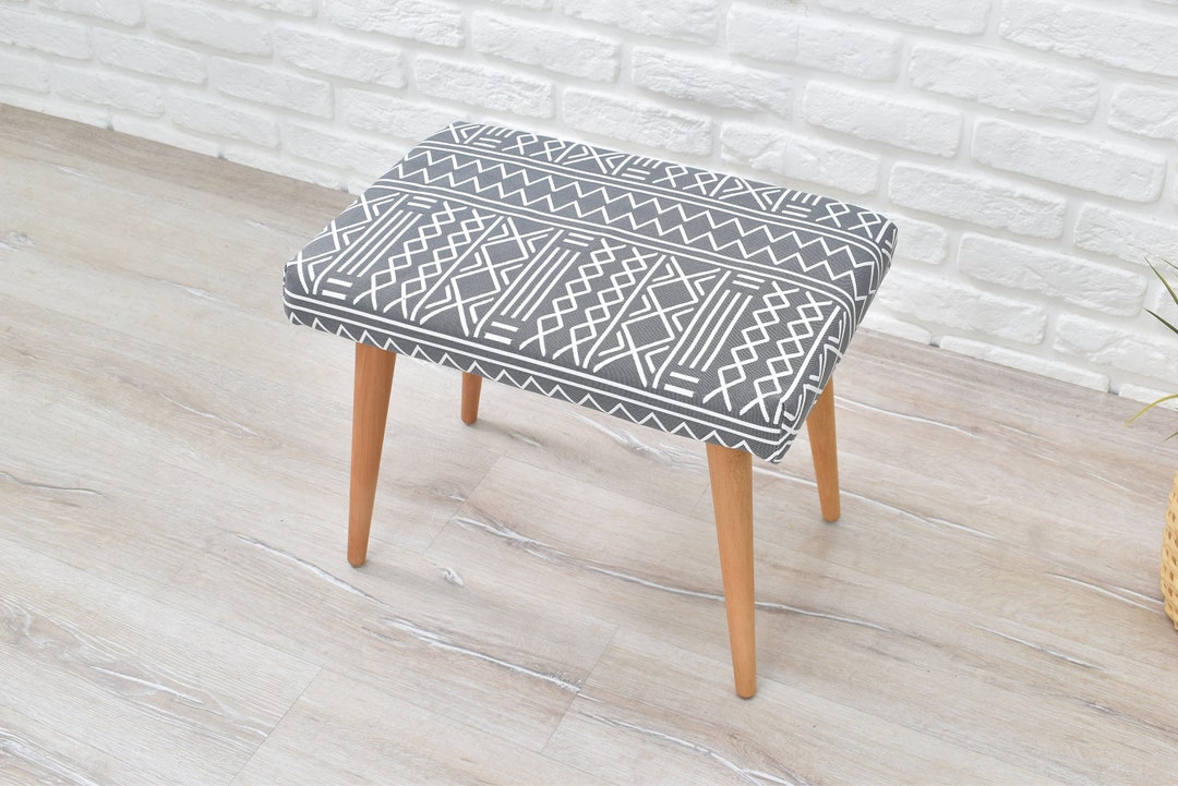 Handmade Upholstered Ottoman Stool With Four Solid Wood Turned Straight ...
