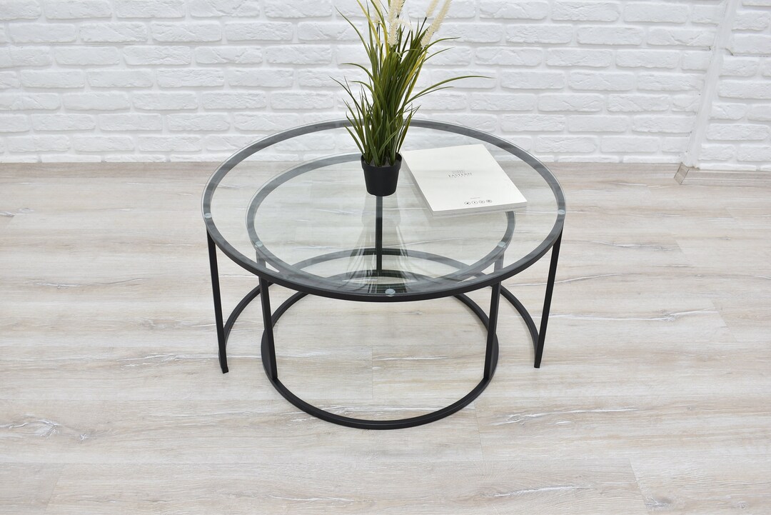 Set of 2 Glass Table Top Metal Base Coffee Table, Unbreakable Glass ...