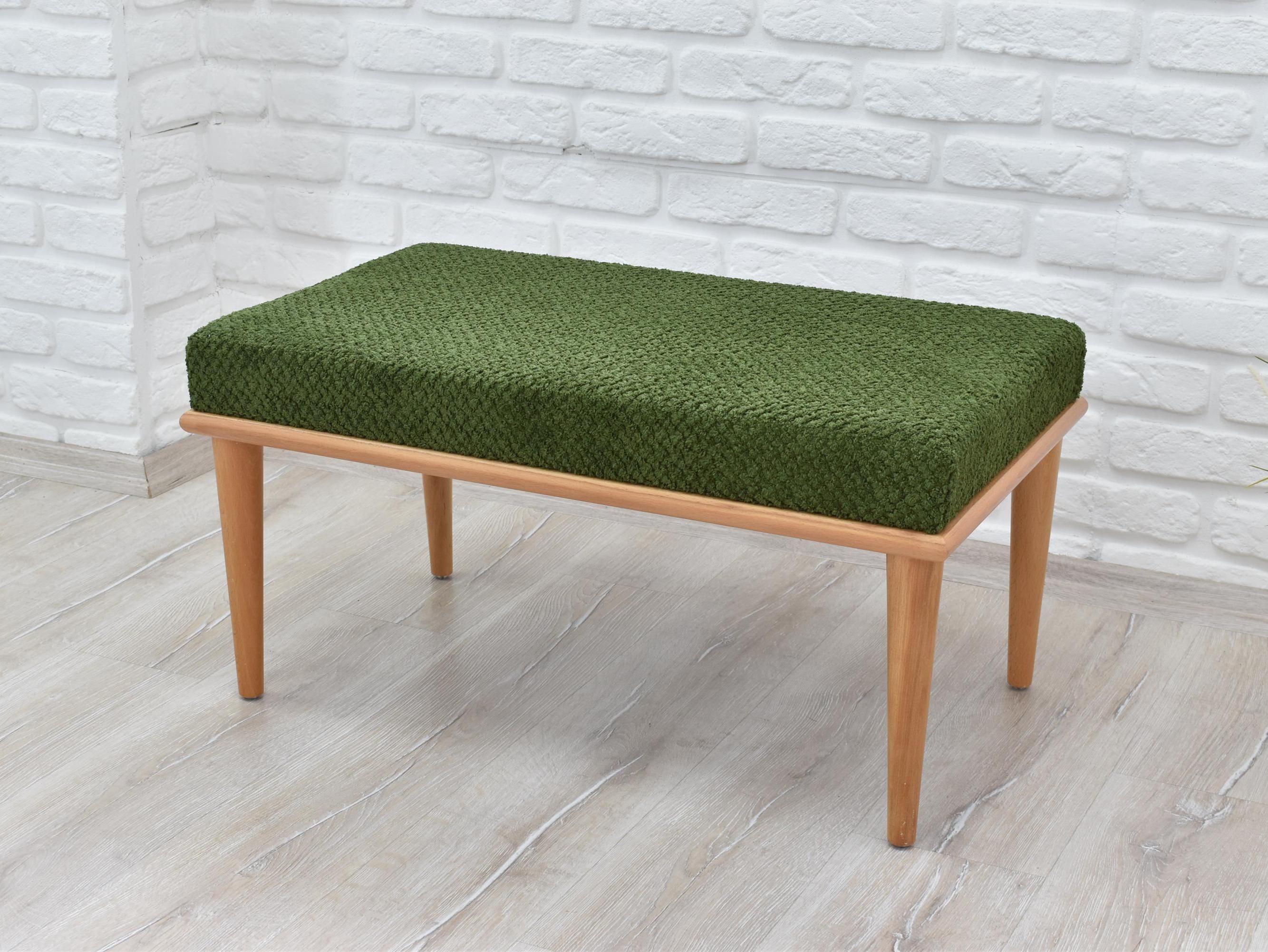 Handmade Bench, Wood Work Bench, Green Teddy Fabric Upholstered Bench ...