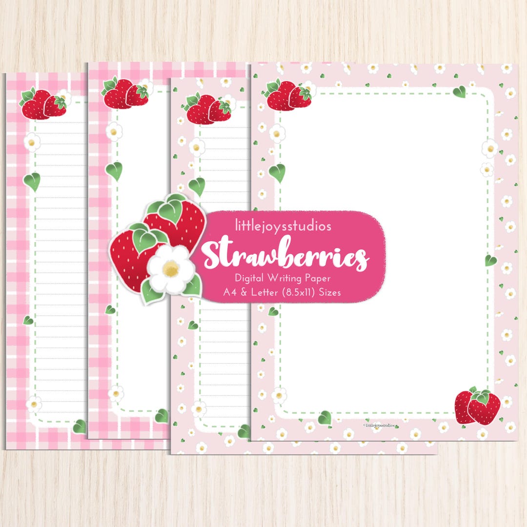 Strawberries - Digital Writing Paper || Cute Lined/unlined Paper - A4 ...