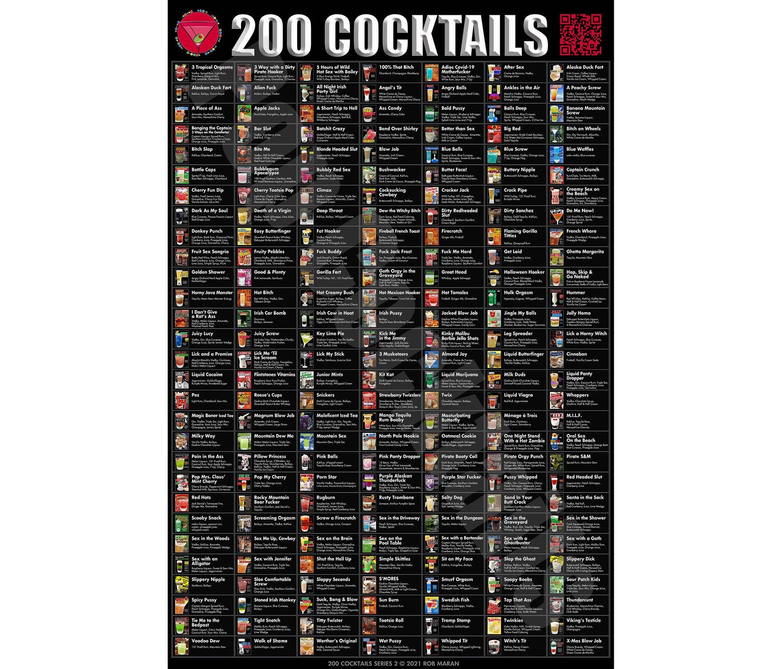 200 Drinks Cocktail QR Code Poster by Pop Cocktails - Cocktail Recipes ...