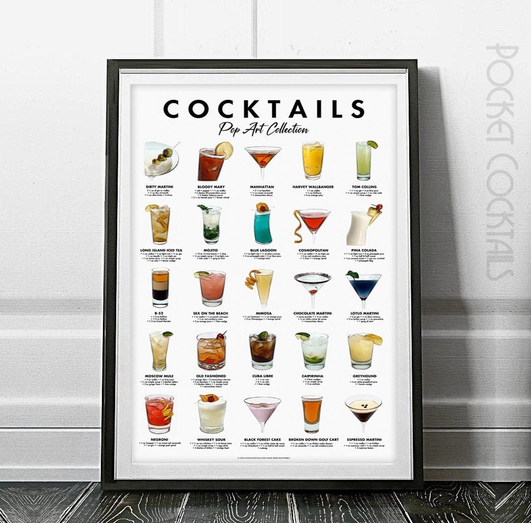Bartender Drinks Poster, Classic Cocktail Recipes, Cocktail Art Print ...