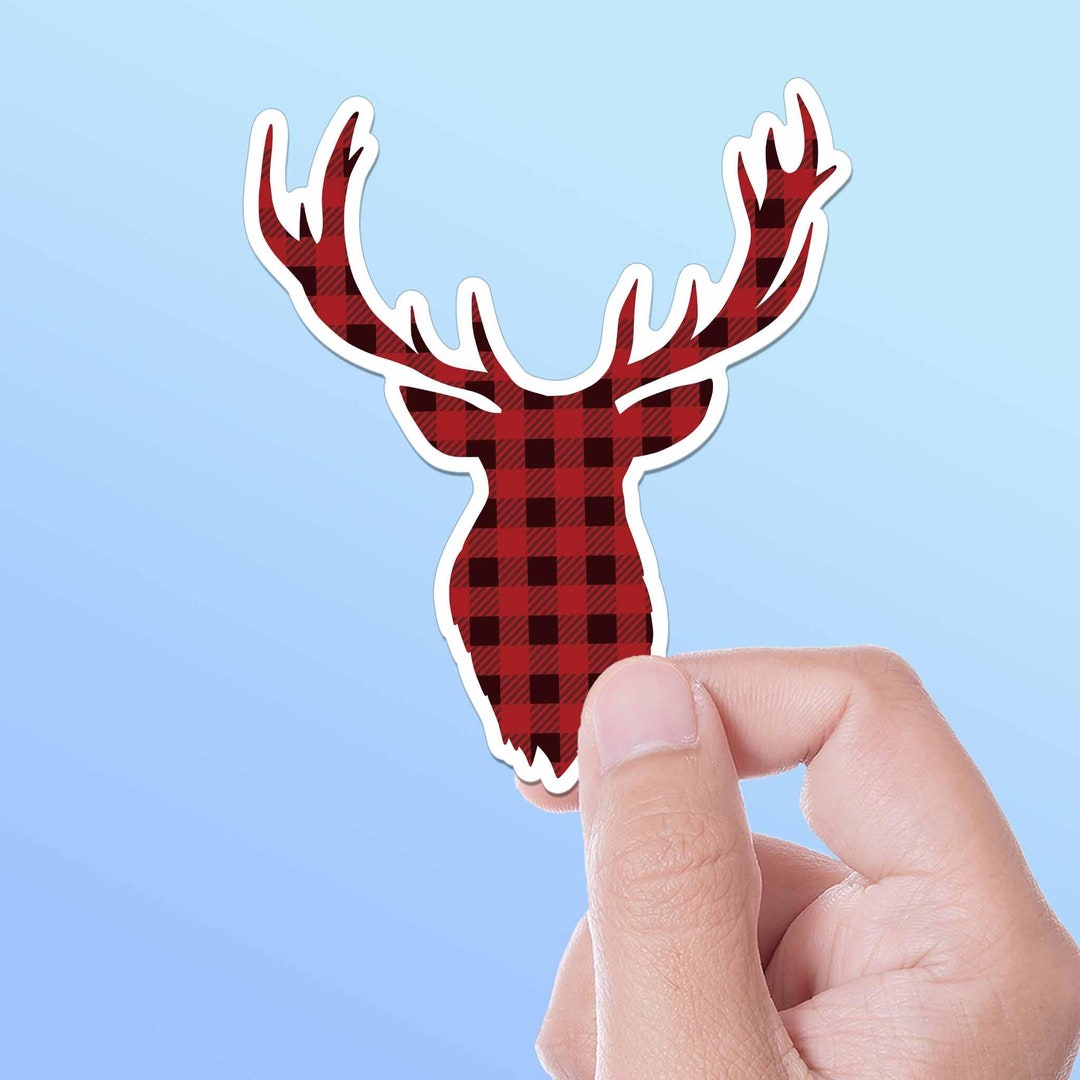 Buffalo Plaid Deer Antler Sticker - Cute Christmas Buck Decal for ...