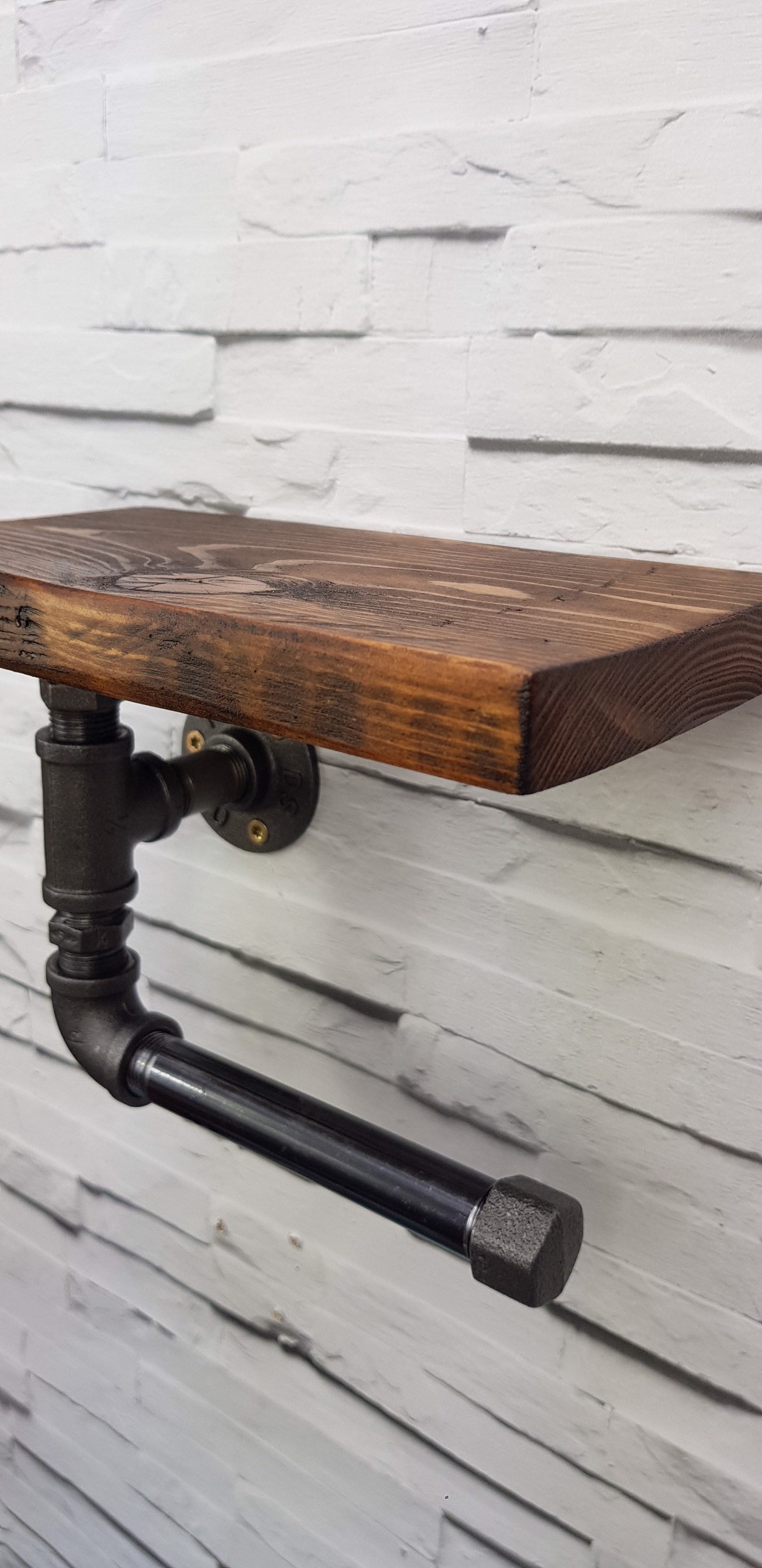 Industrial Pipe Single Toilet Roll Holder With Rustic Oak Wooden Shelf ...