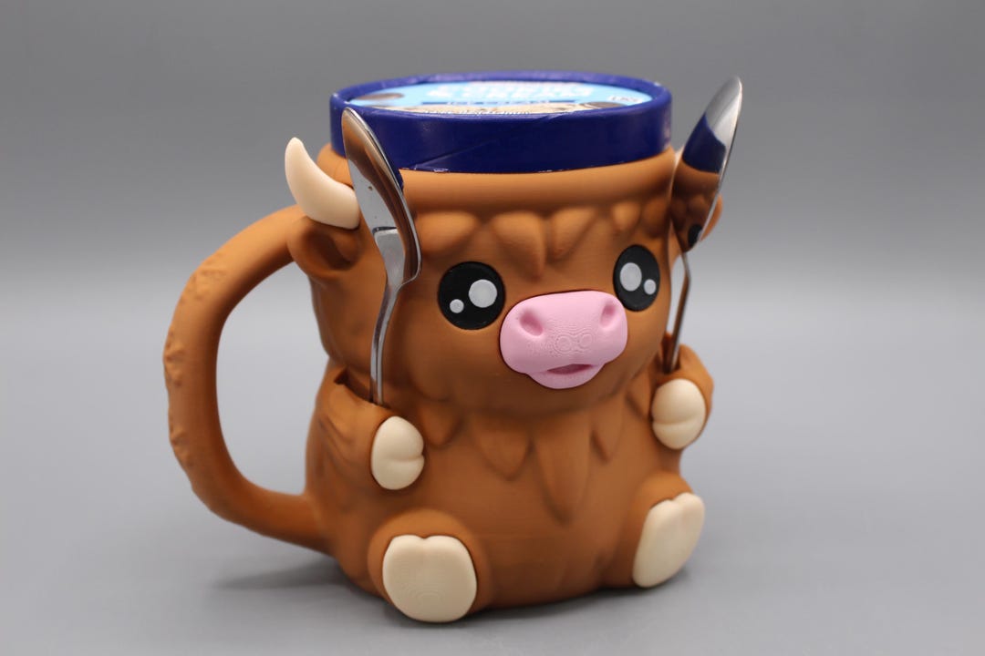 Highland Cow Ice Cream Pint Mug Holder W/ 2 Spoons Holders | 3D Printed ...
