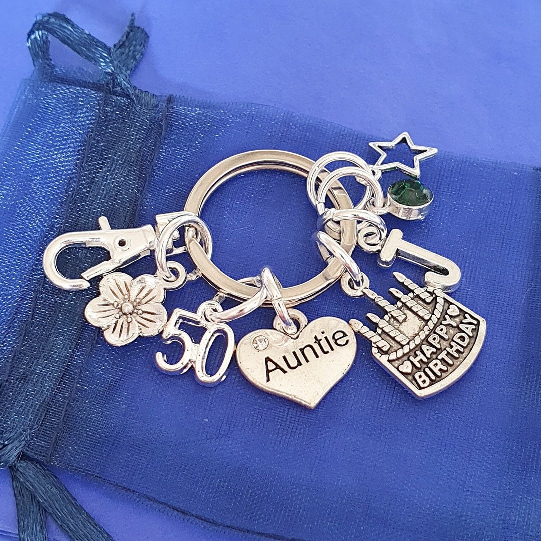 Auntie 50th Birthday Keyring: Initial & Birthstone Charm, Silver Plated ...