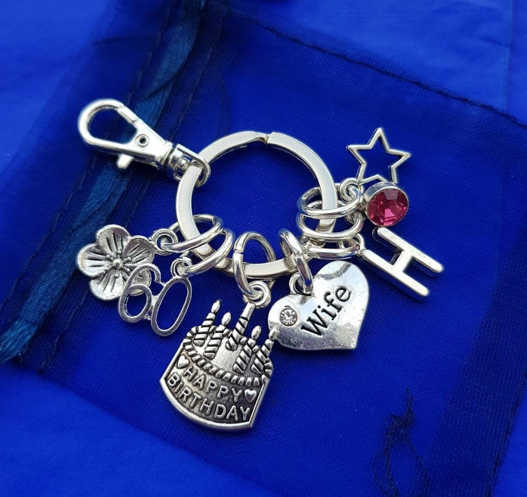 Wife 60th Birthday Keyring With Initial Birthstone Personalised Gift ...