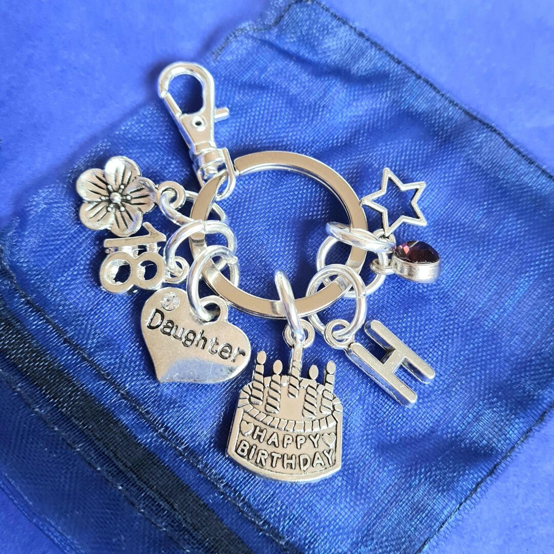 Daughter 18th Birthday Keyring: Initial & Birthstone Charm, Silver ...