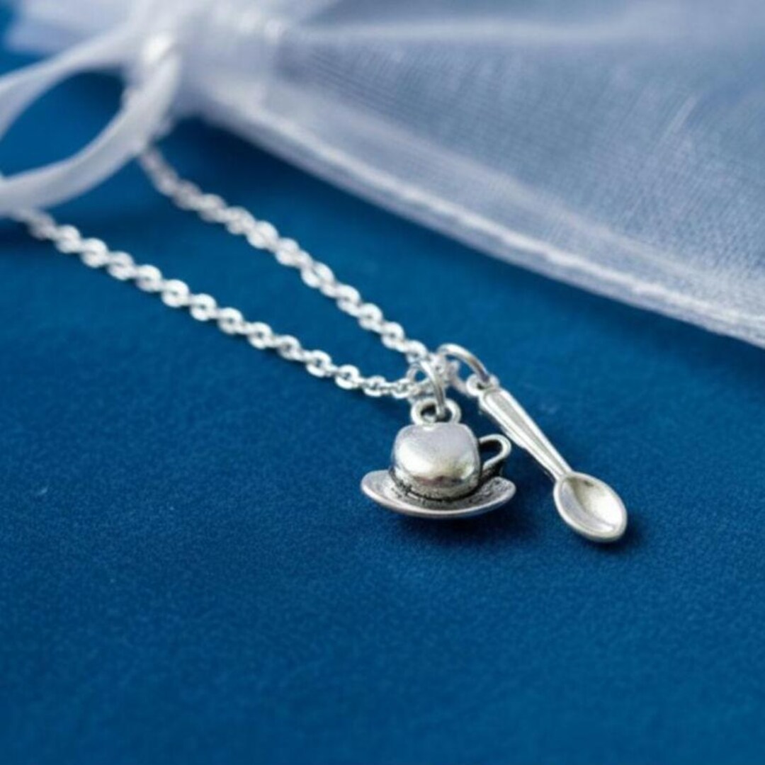 Teacup Spoon Necklace: Silver Plated Charm, Initial Option - Etsy