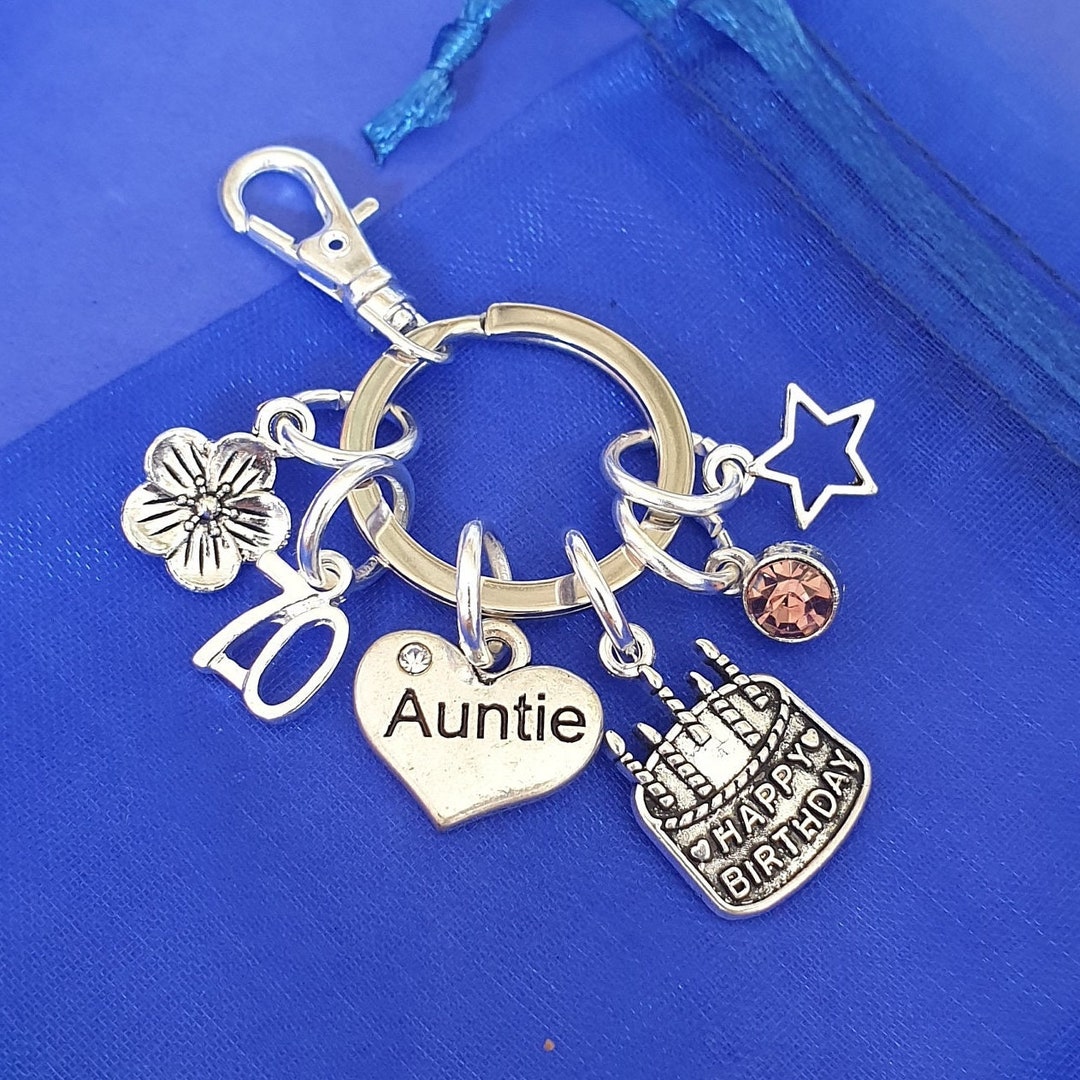 Auntie 70th Birthday Keyring: Initial & Birthstone Charm - Etsy