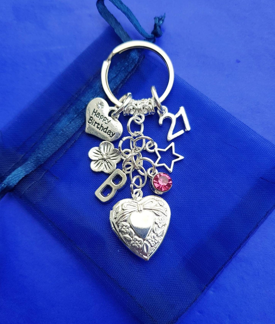 21st Birthday Keyring With Locket Initial Birthstone 50th Personalised ...