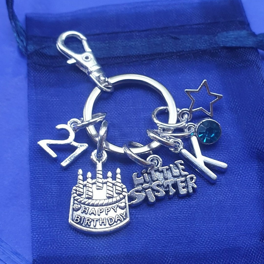 21st Birthday Gift: Little Sister Keyring With Initial & Birthstone ...