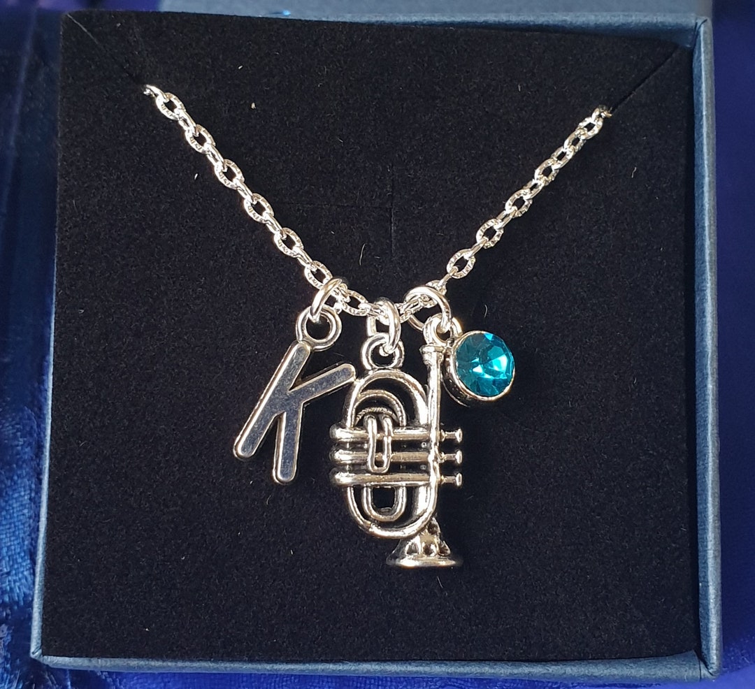 Trumpet Necklace With Optional Initial Birthstone Personalised Silver ...