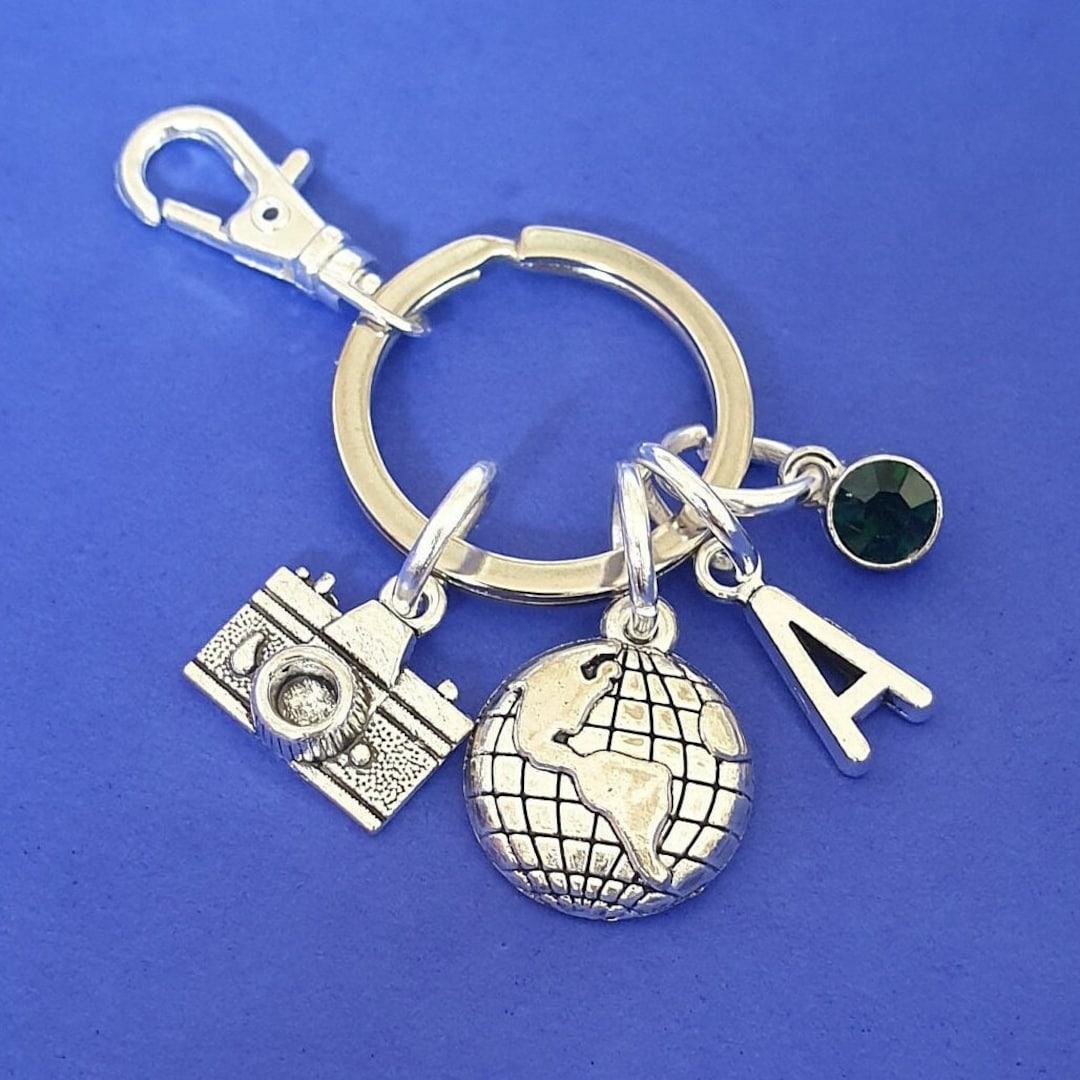 Personalised Travel Keyring Initial, Birthstone, Camera & Globe Charm ...